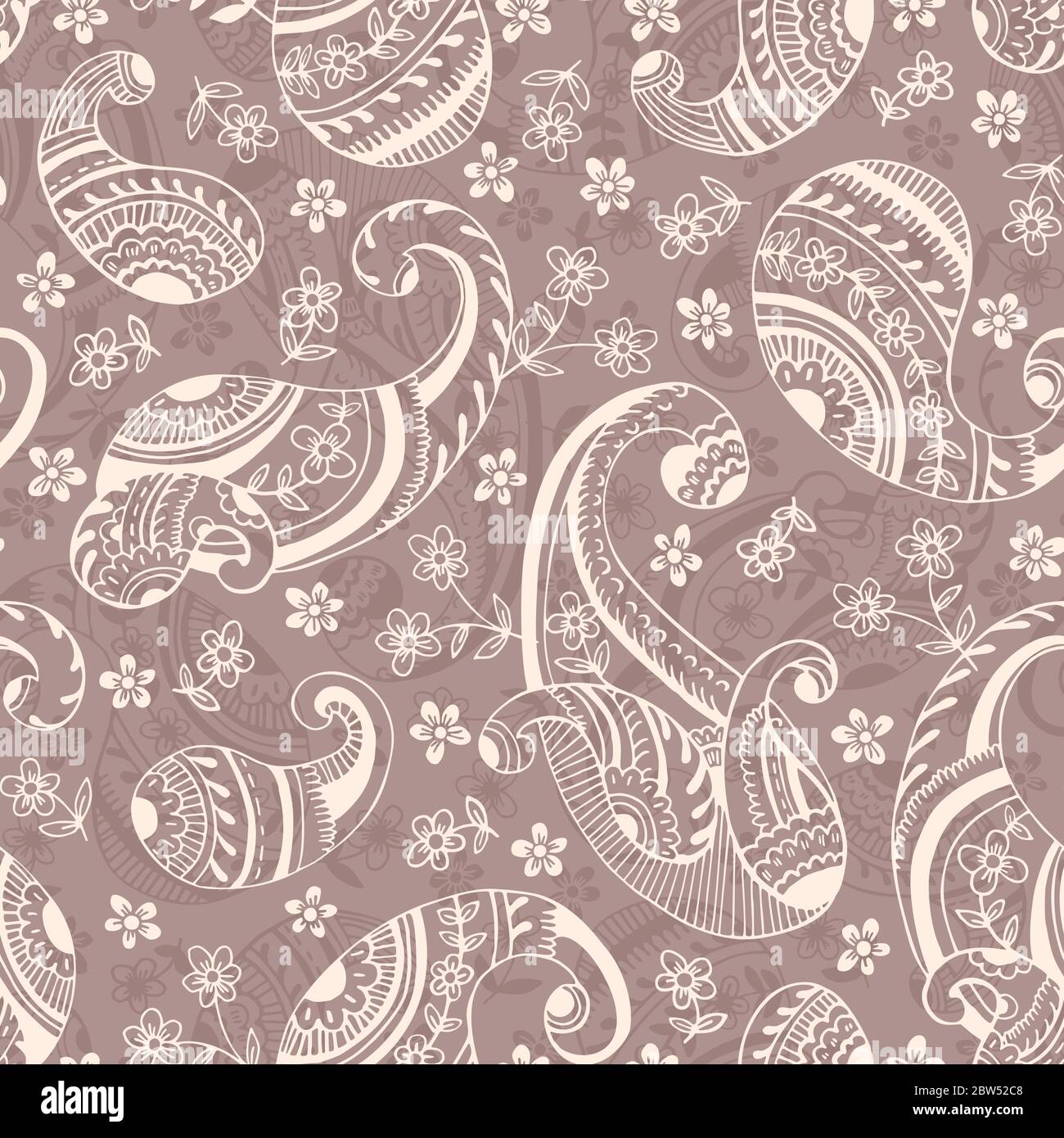 Retro Seventies Monochrome Hand-Drawn Paisley Vector Seamless Pattern ...
