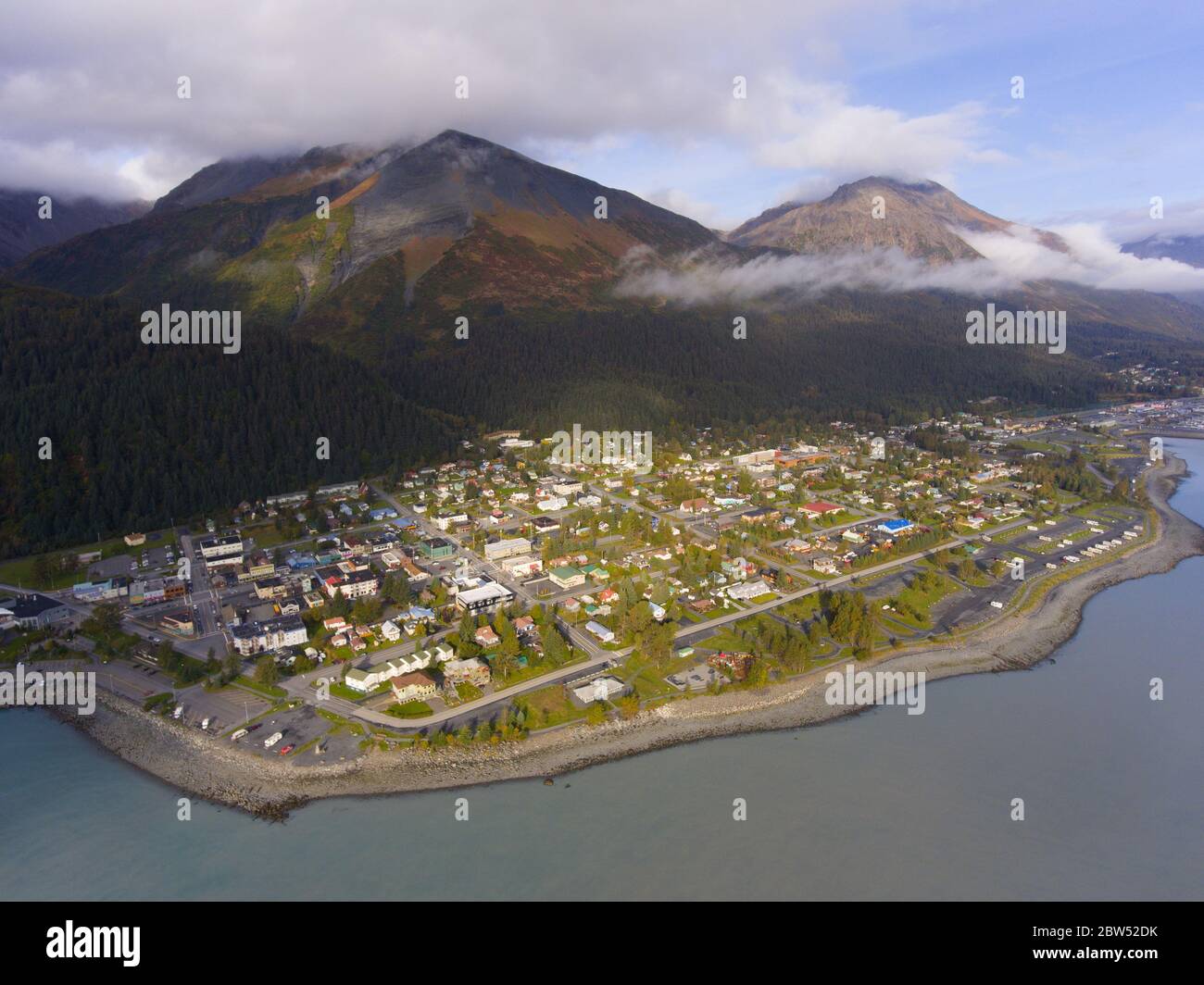 Aerial view of Seward city center and waterfront in fall, Seward, Kenai ...