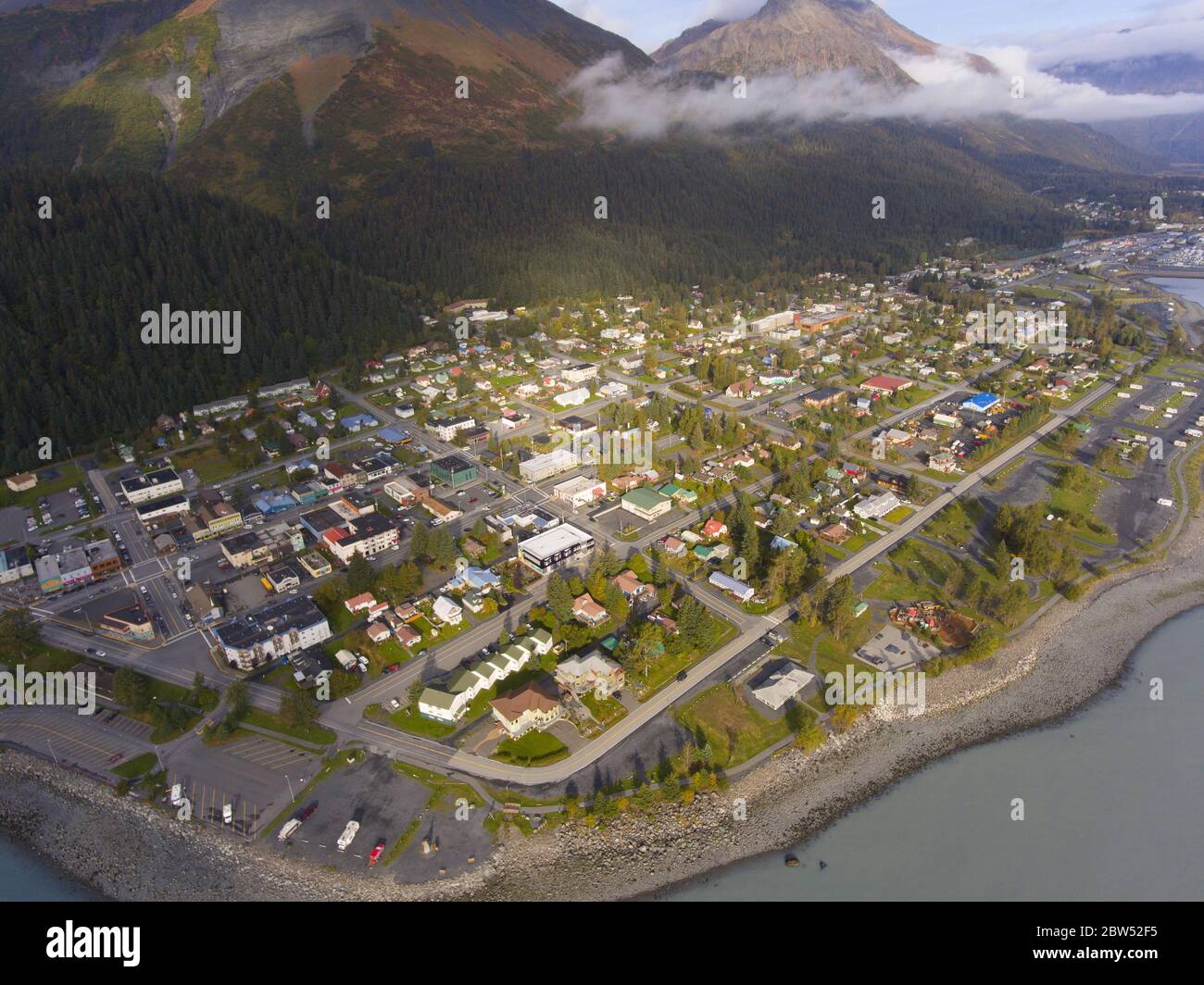 Aerial view of Seward city center and waterfront in fall, Seward, Kenai ...