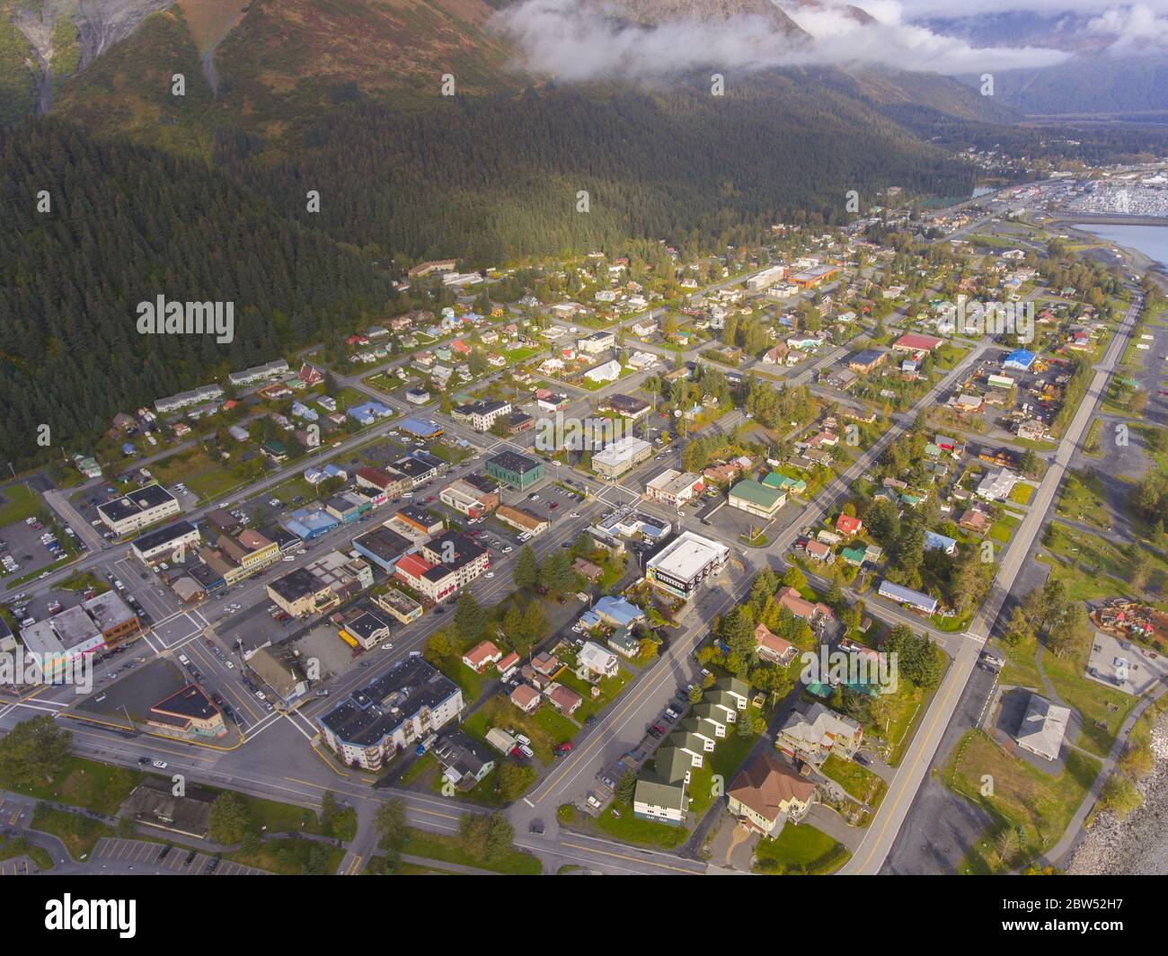 Aerial view of Seward city center and waterfront in fall, Seward, Kenai ...