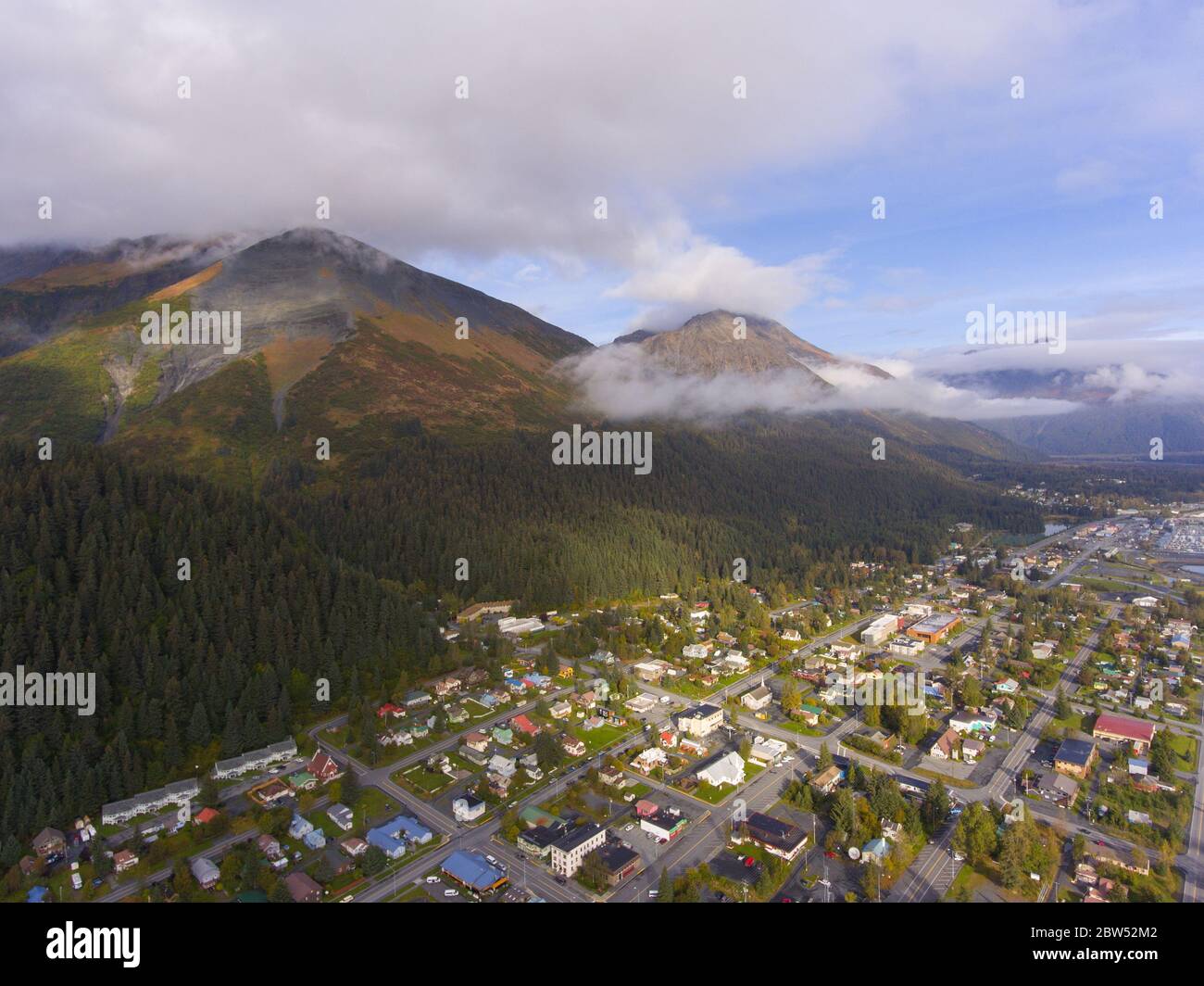 Aerial view of Seward city center and waterfront in fall, Seward, Kenai ...