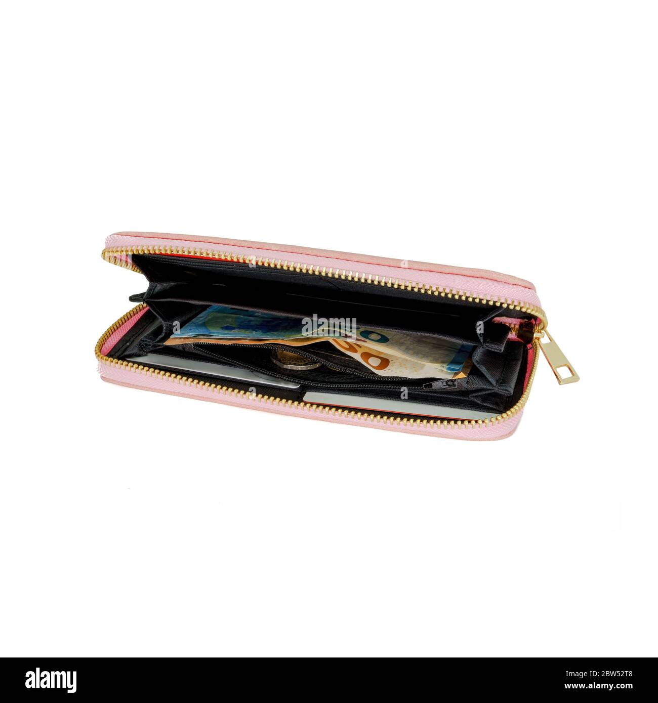 An open pink wallet with credit card and money, white background Stock ...