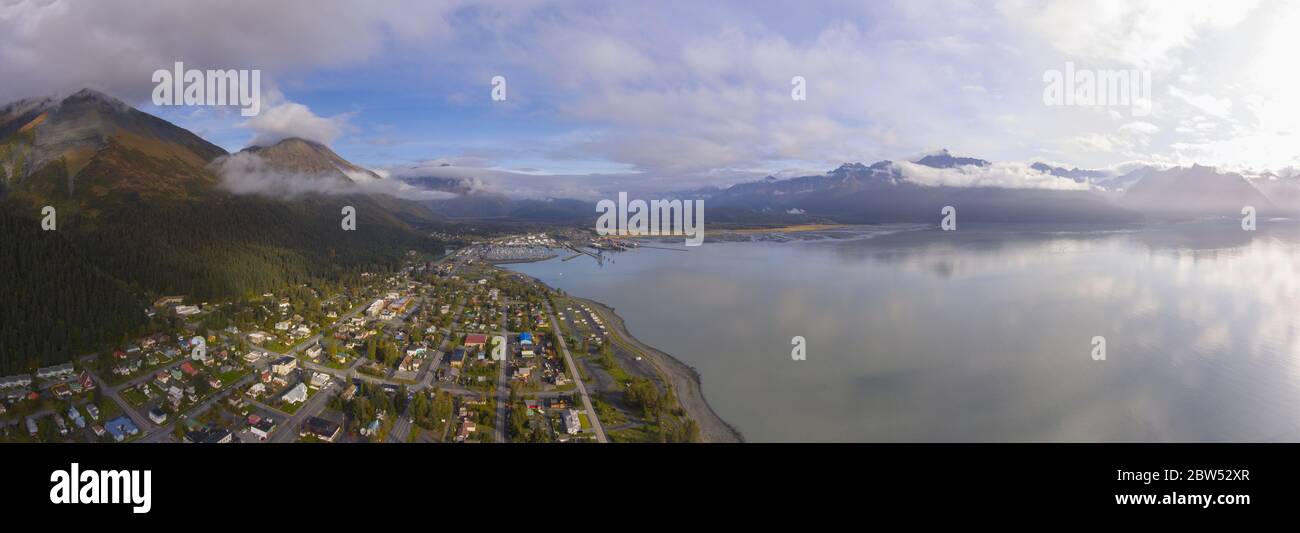 Aerial view of Seward city center and waterfront in fall, Seward, Kenai ...