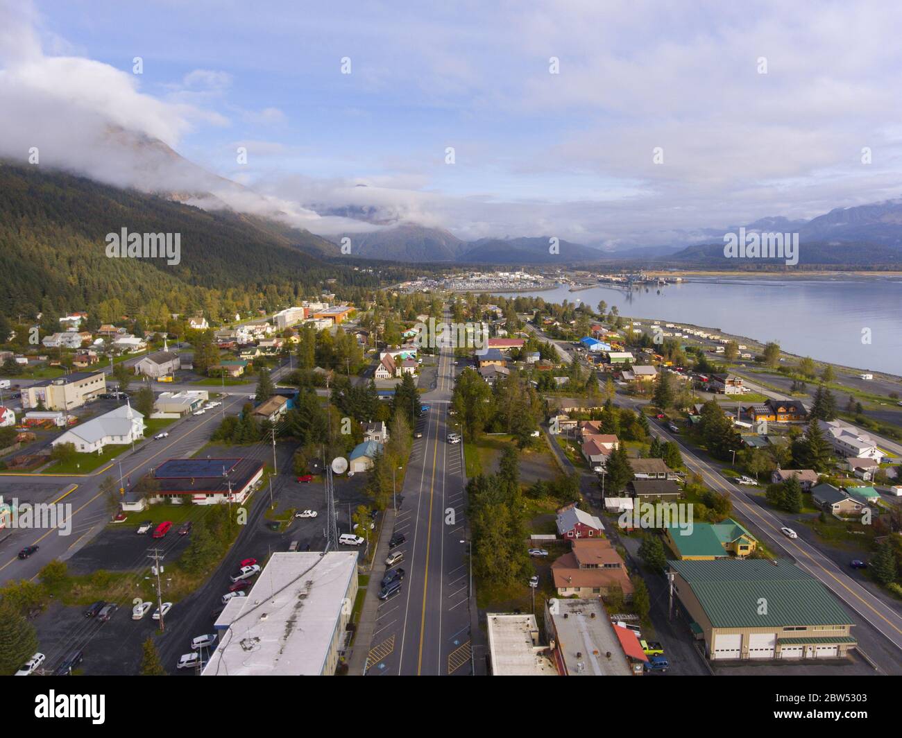 Aerial view of Seward city center and waterfront in fall, Seward, Kenai ...