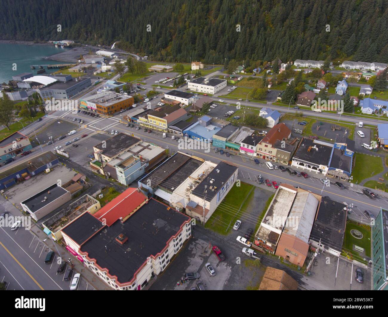 Aerial view of Seward city center and waterfront in fall, Seward, Kenai ...