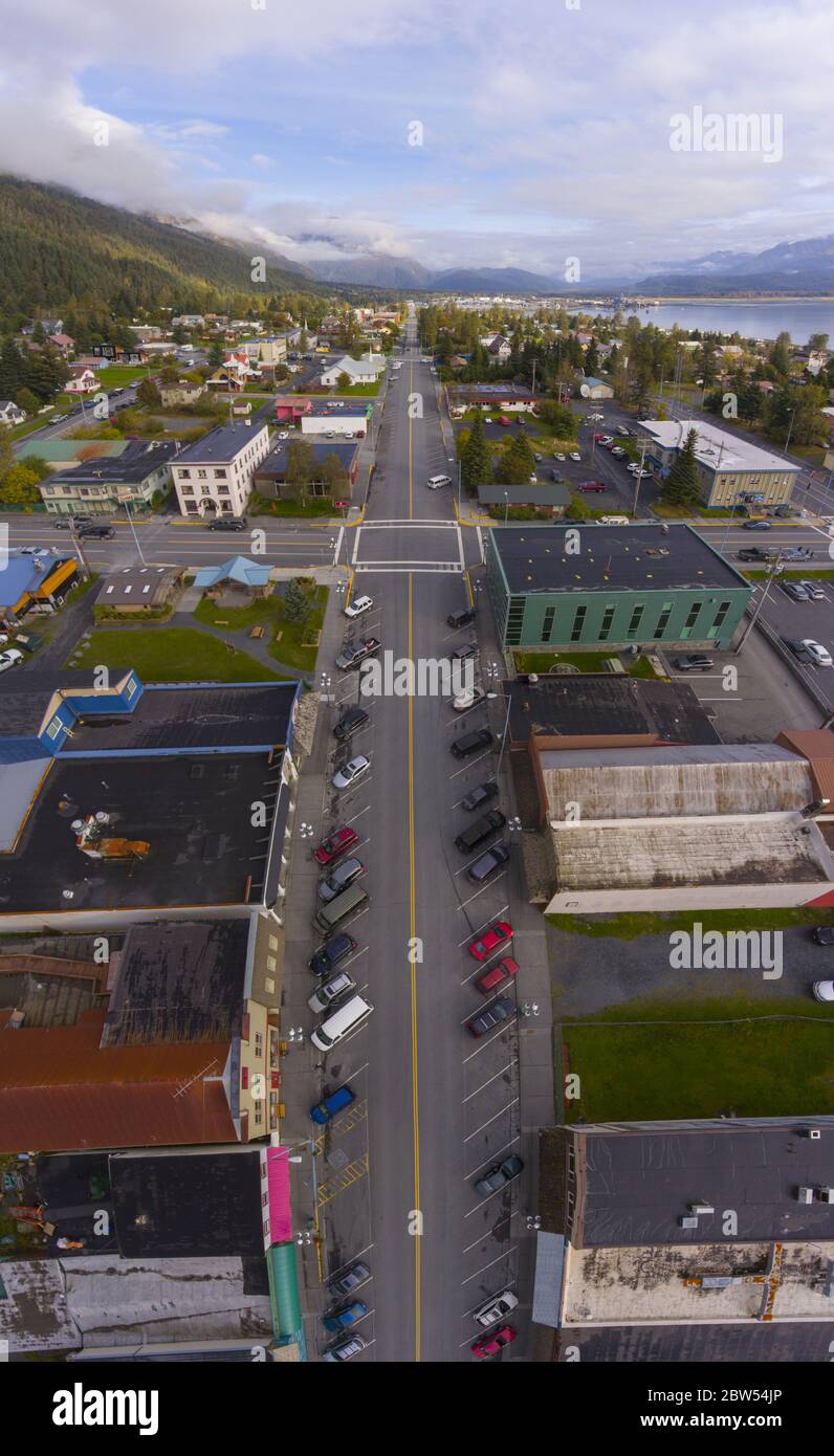 Aerial view of Seward city center and waterfront in fall, Seward, Kenai ...