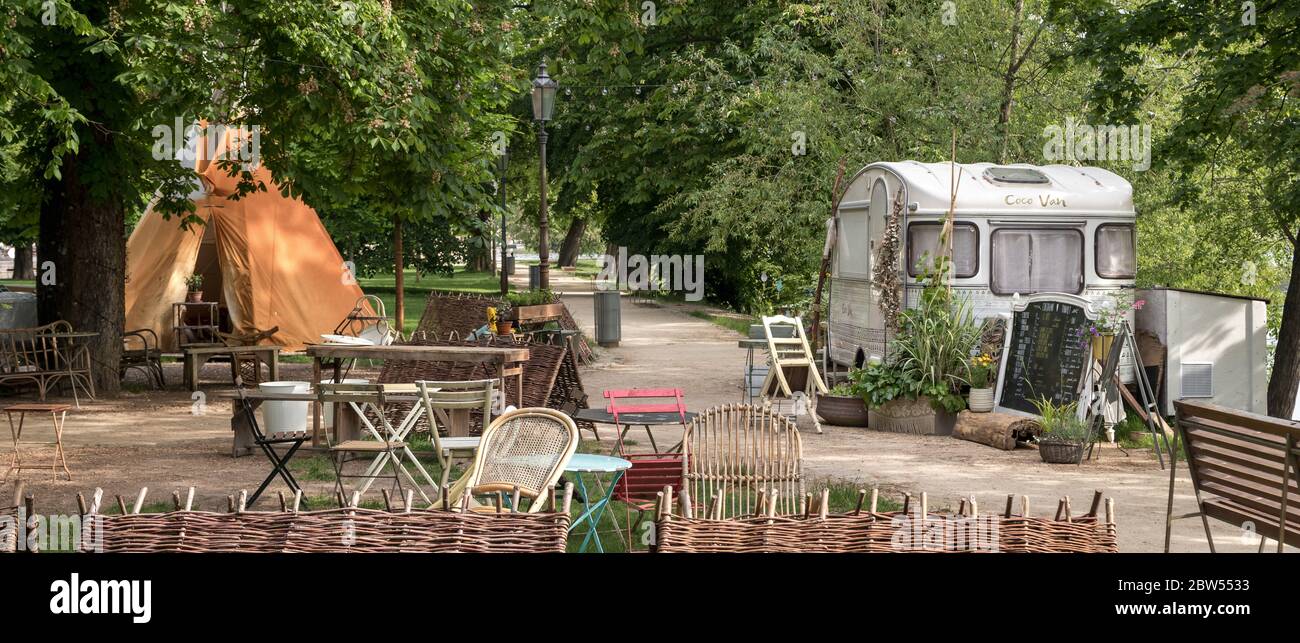 PRAGUE, CZECH REPUBLIC - MAY 22, 2020: Caravan that serves as a pub at ...