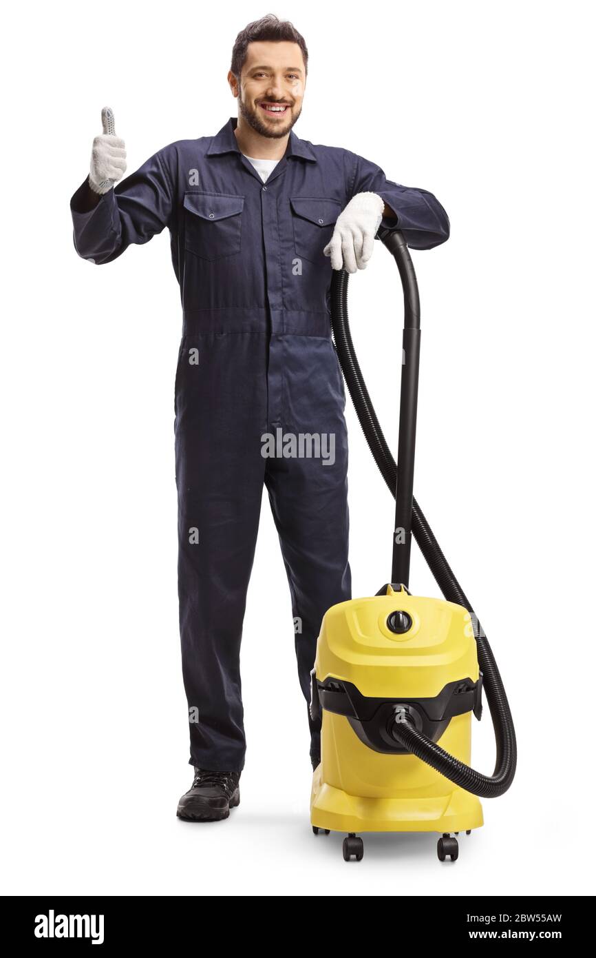 Full length portrait of a male cleaner in a uniform with a professional ...