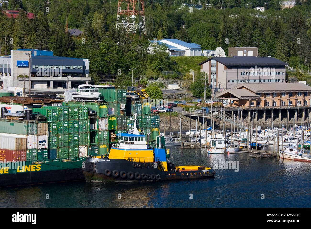 Tugboat & containers in the commercial docks, Ketchikan, Southeast ...
