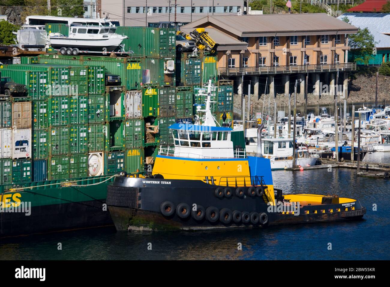 Tugboat & containers in the commercial docks, Ketchikan, Southeast ...