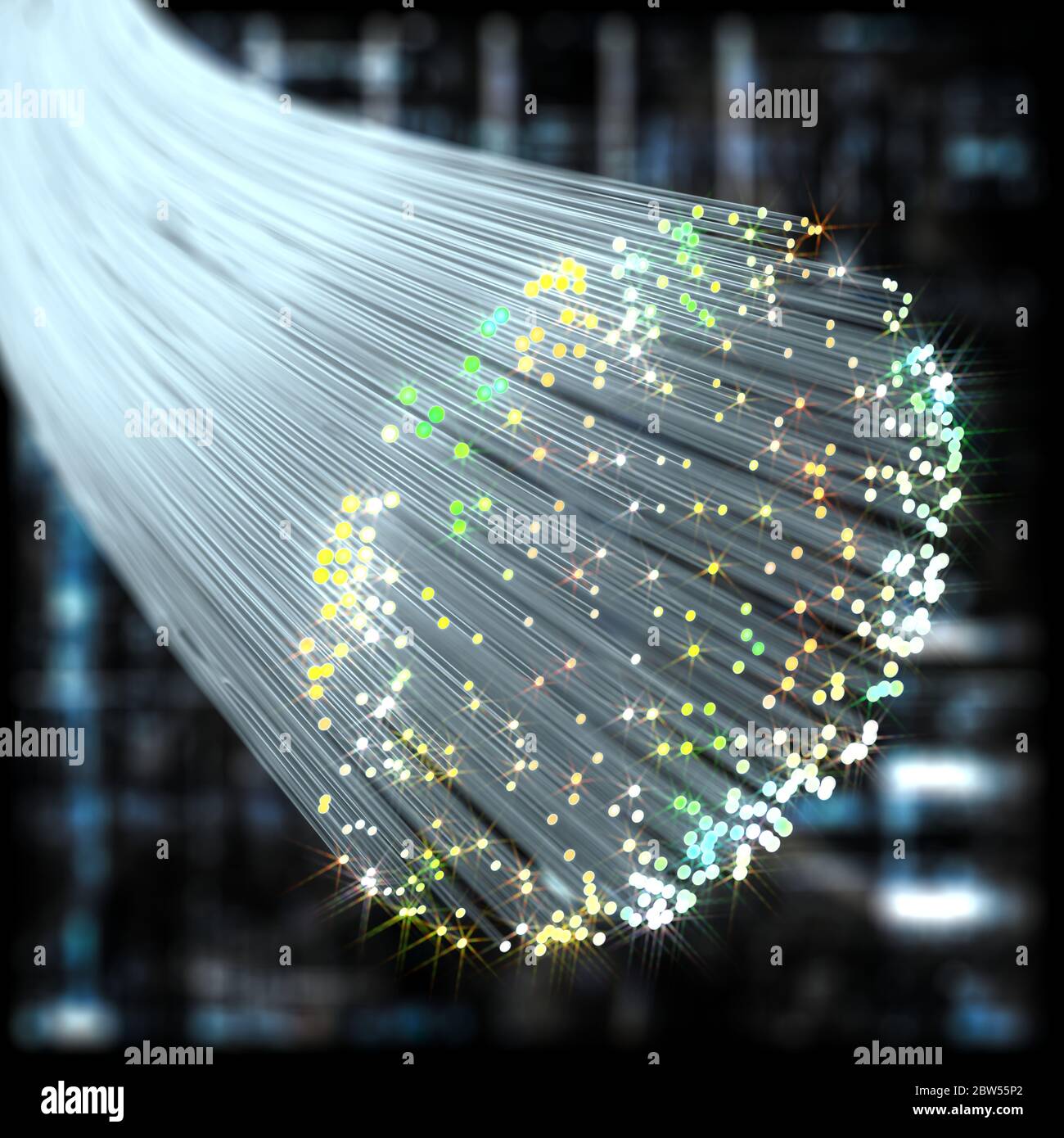 Close-up on the tips of optical fibers transmitting various colors ...