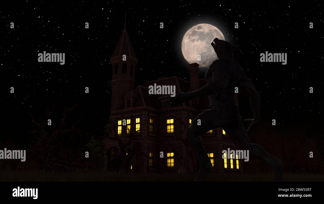 Illustration Of A Werewolf During The Full Moon Near A House In The
