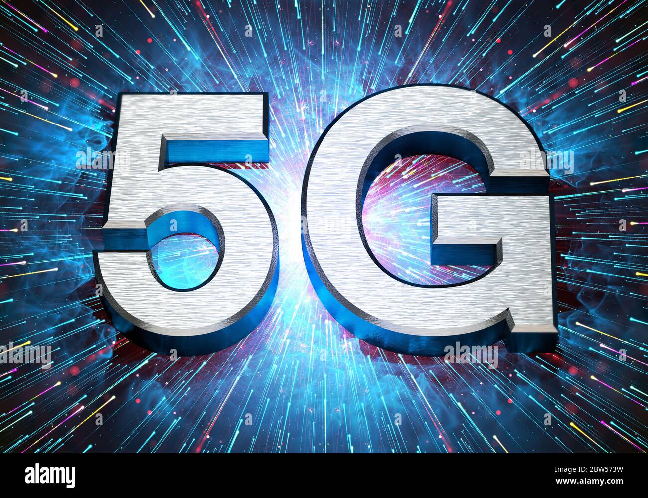 Metallic 5G word with concentric and colored fast moving particles ...