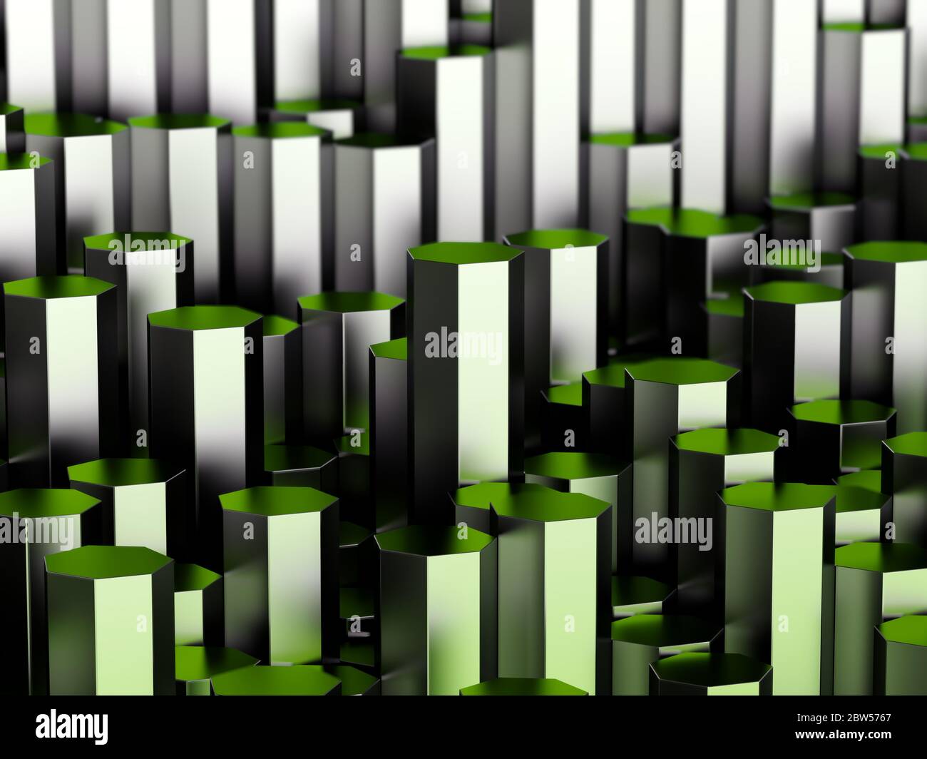 Rows of metallic cylinders with hexagonal profile, with green ...