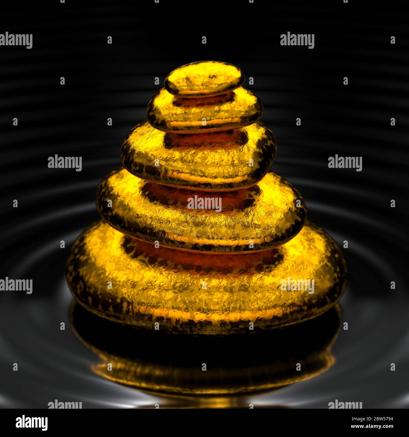 Stack of golden zen stones on a glossy and black water Stock Photo - Alamy
