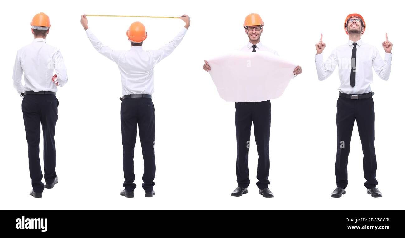 panoramic photo collage of architect expert isolated on white Stock ...