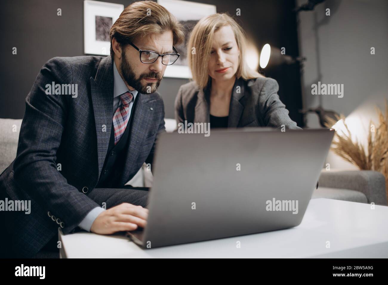Serious business people working on laptop at office Stock Photo - Alamy