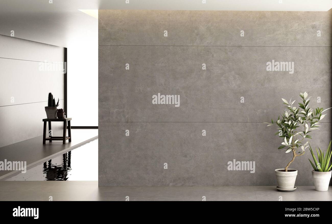Empty room without furniture, include plants, pool concrete wall. 3d ...