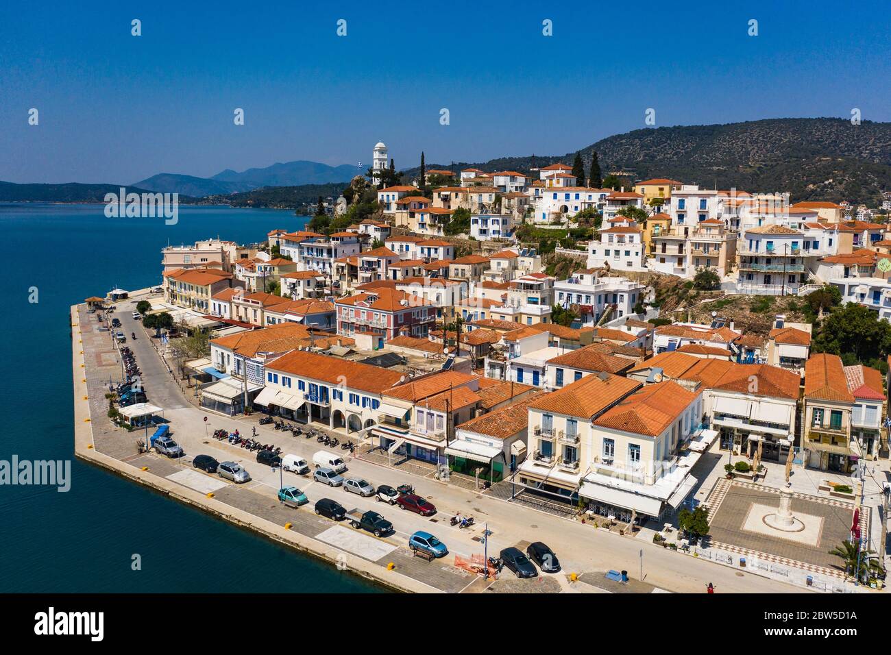 Top aerial view of the Poros island Sea harbor, Aegean sea, Greece ...