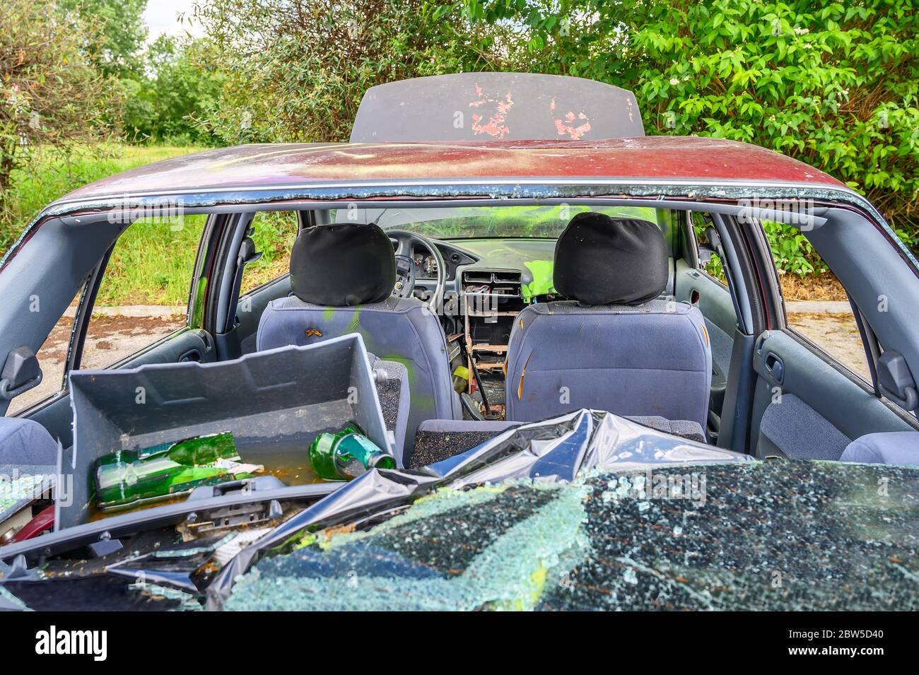 View of inside of destroyed abandoned car with broken car glasses Stock ...