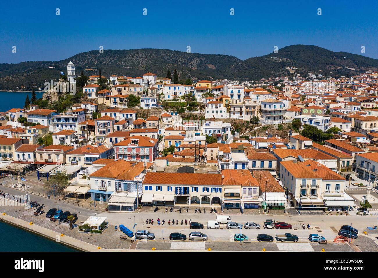 Top aerial view of the Poros island Sea harbor, Aegean sea, Greece ...