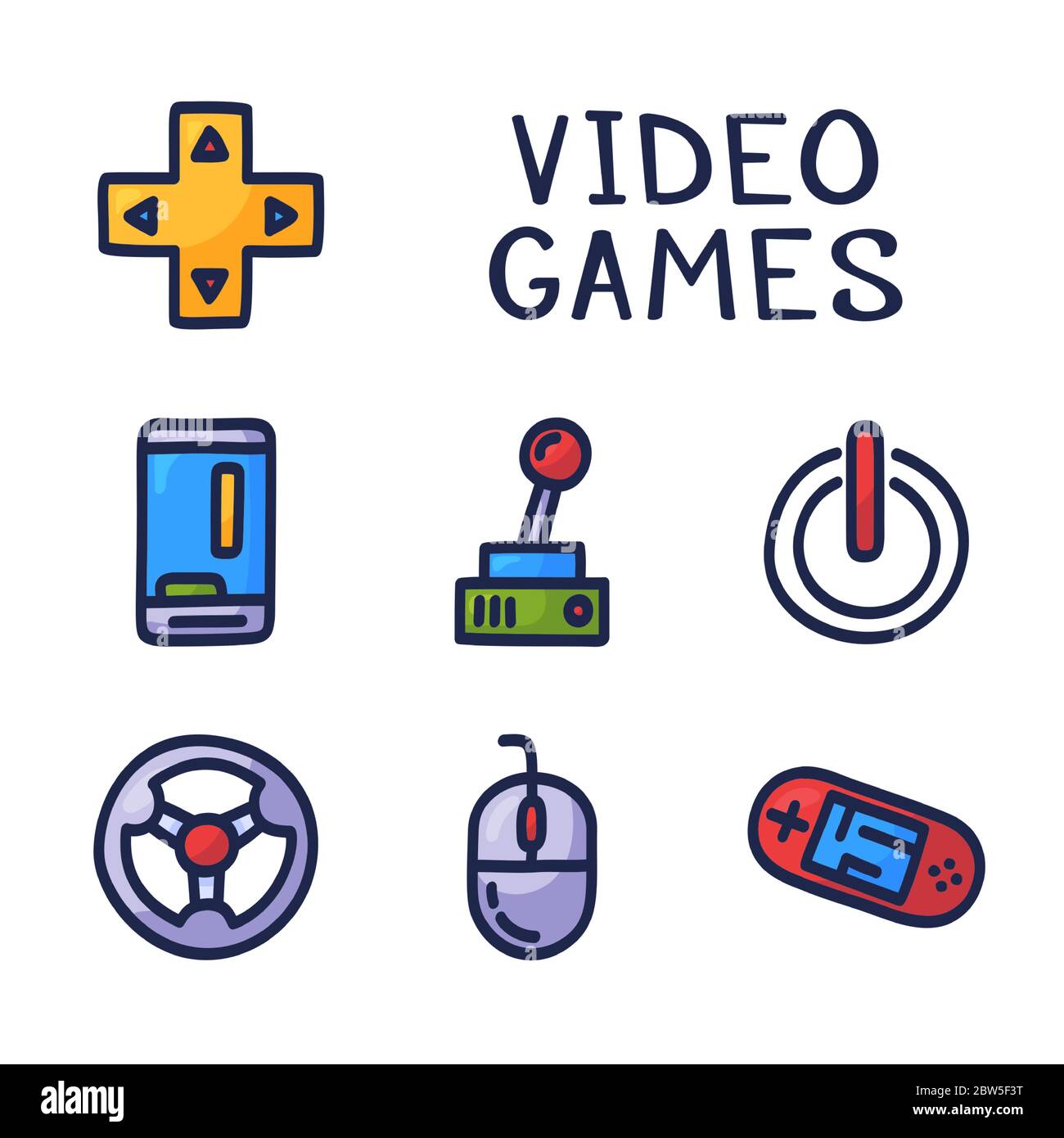 Set of doodle vector icons related to computer games. Joysticks, gaming controllers, computer ...