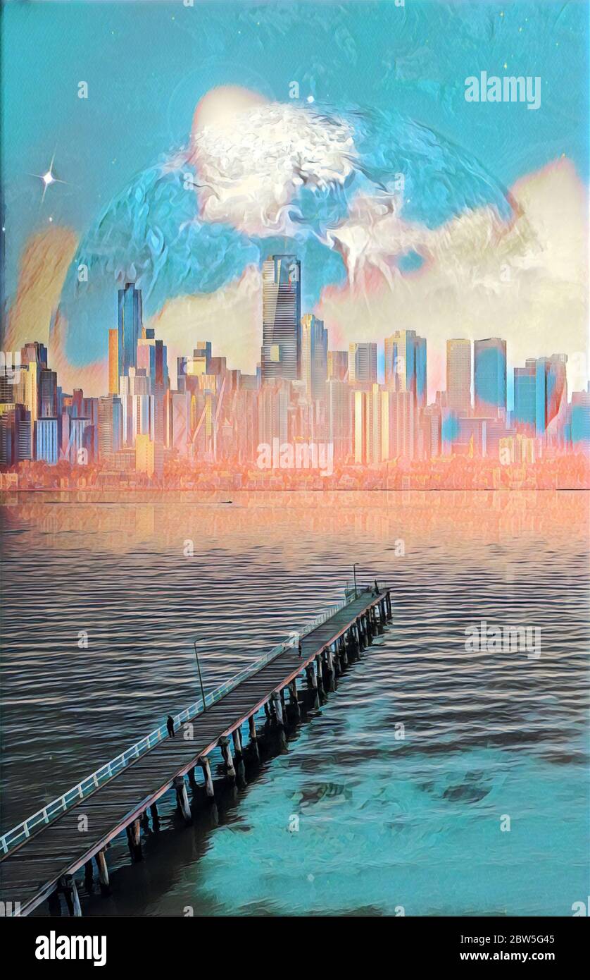 Science fiction book cover design. Alien planet landscape - pier ...