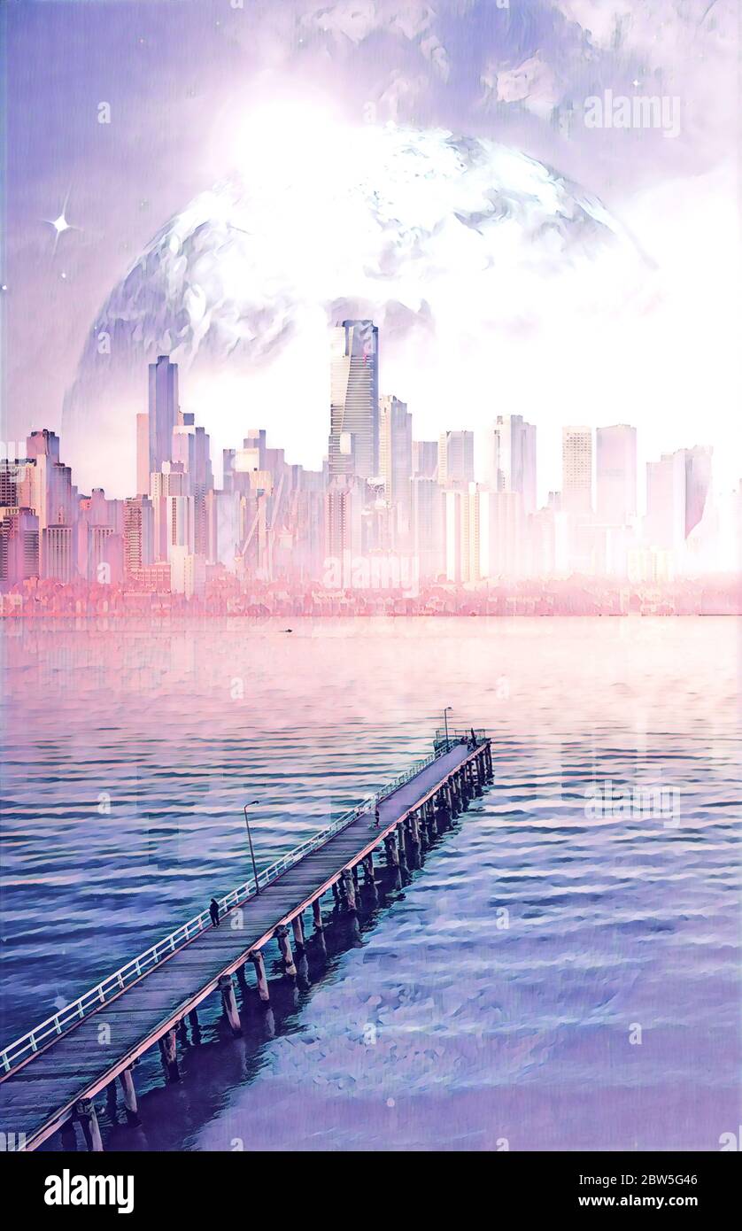 Science fiction book cover design. Alien planet landscape - pier ...