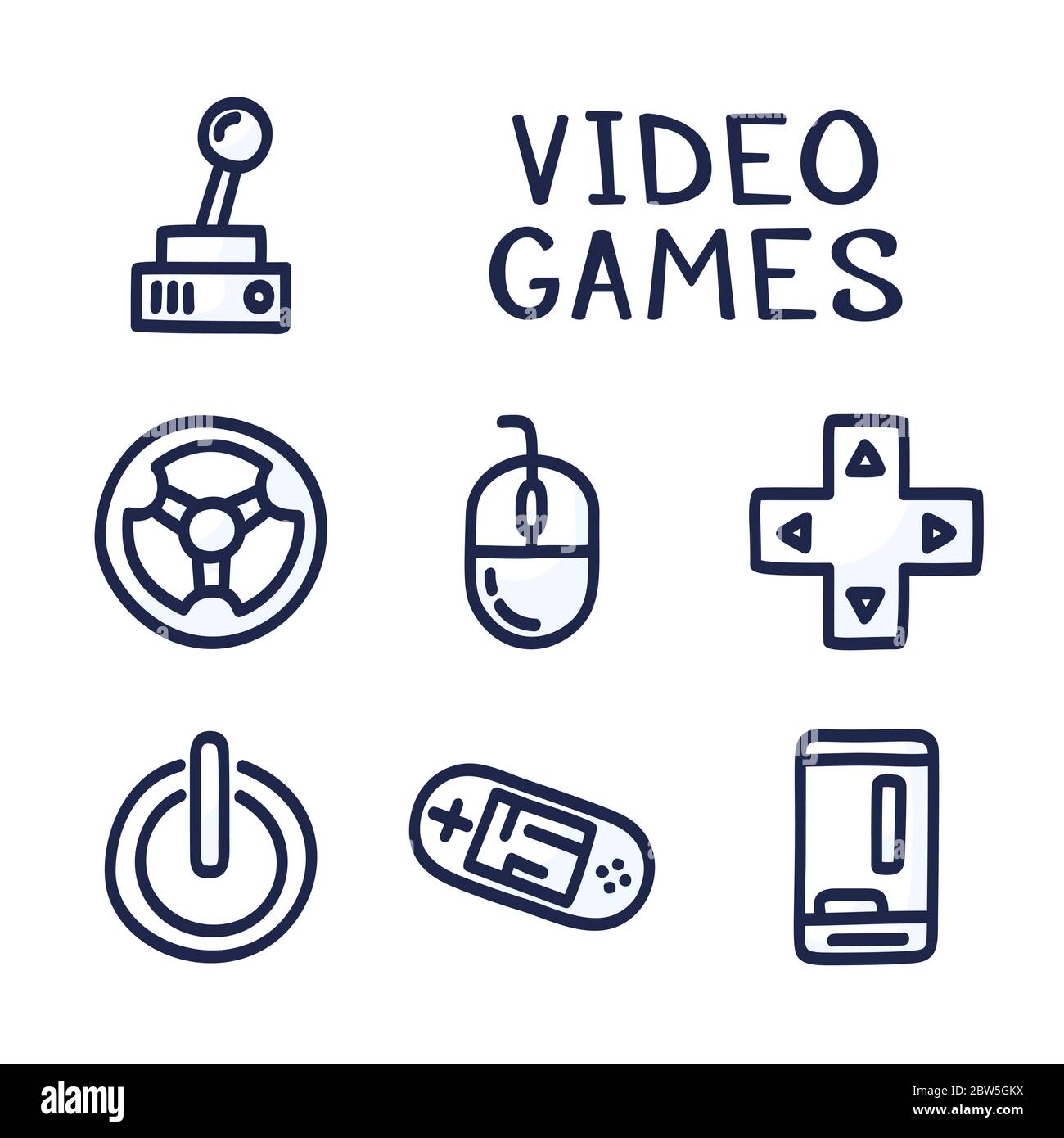 Set of doodle vector icons related to computer games. Joysticks, gaming controllers, computer ...