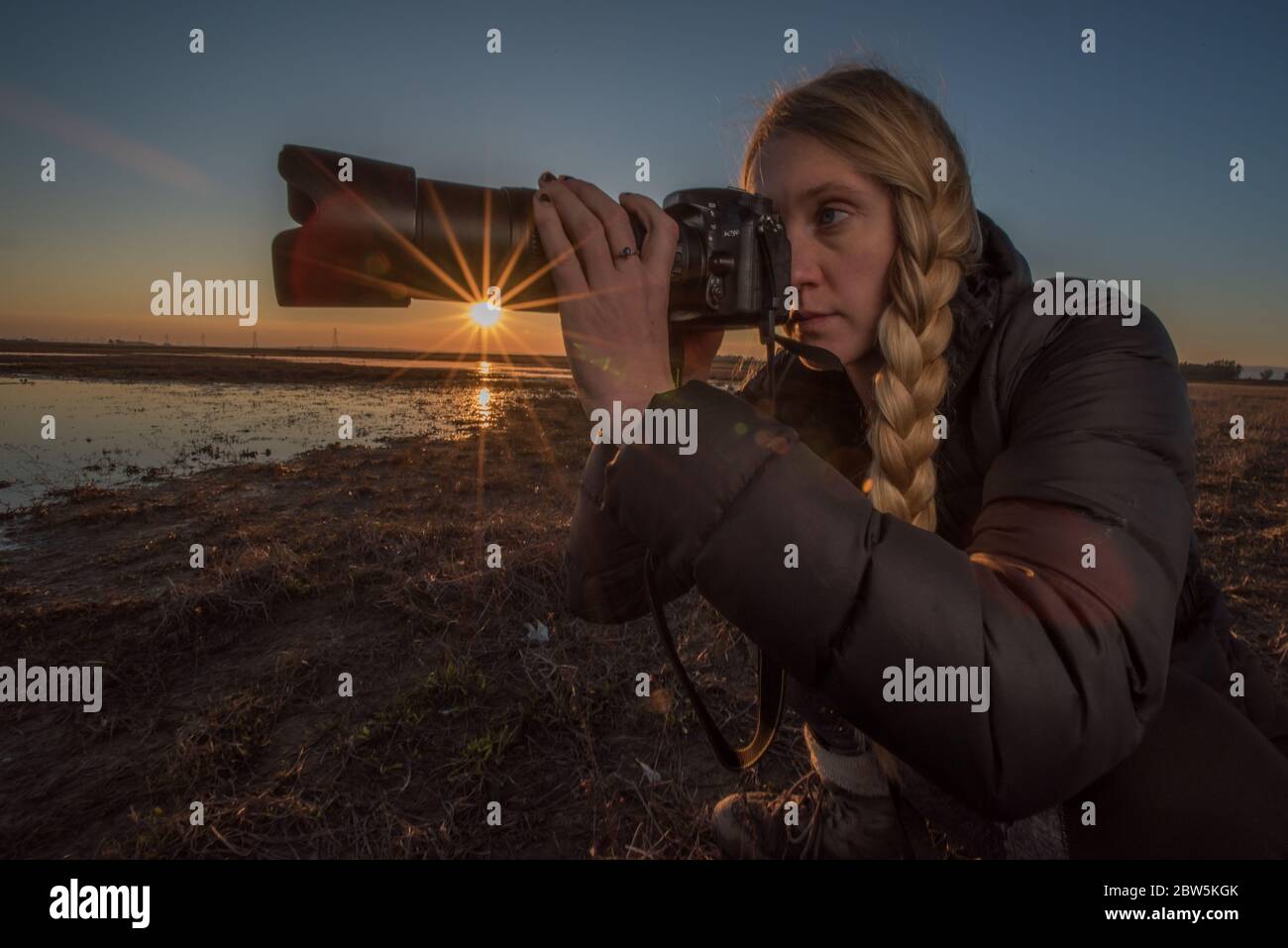 A female wildlife photographer poised with her camera taking photos ...