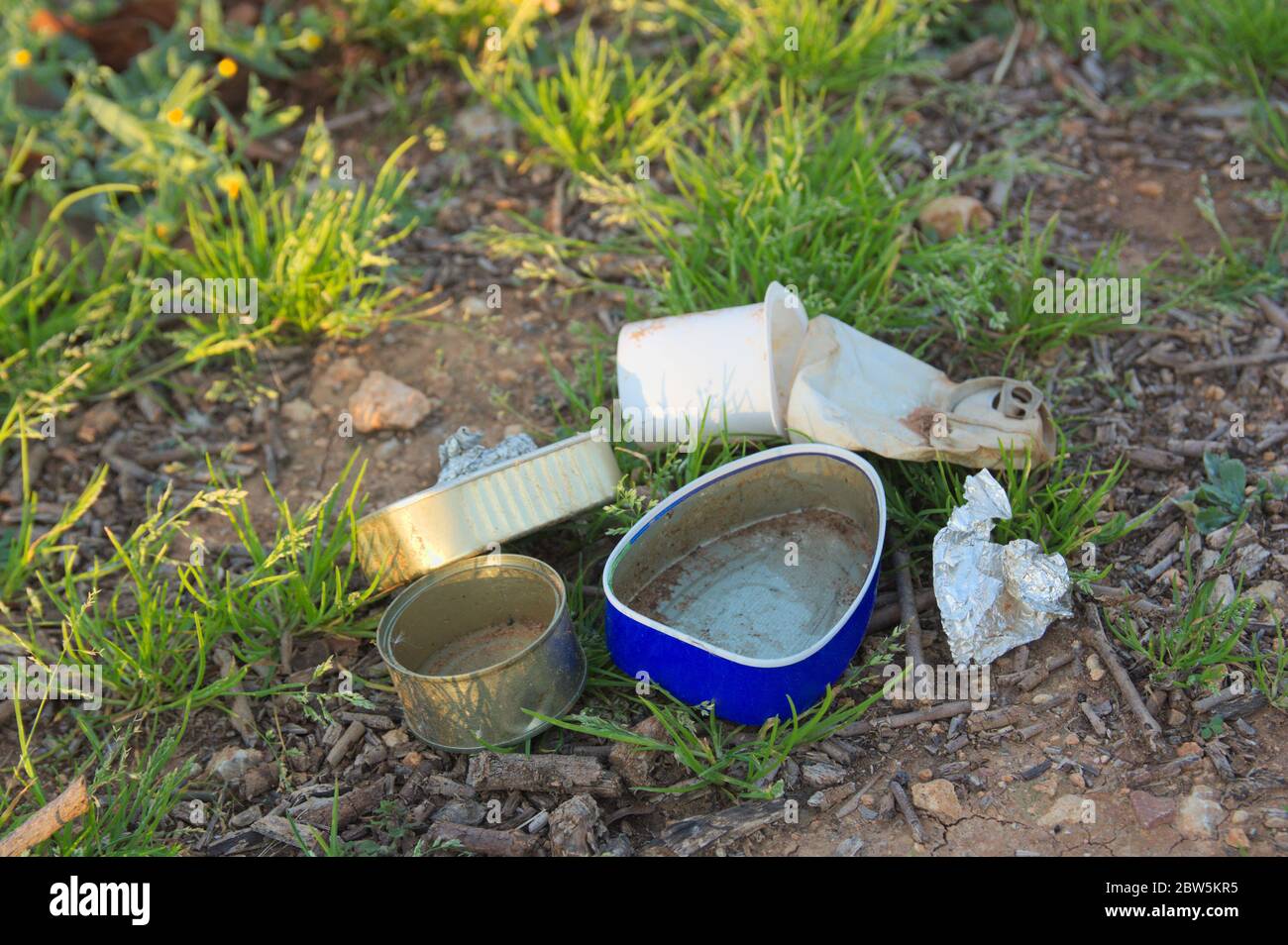 Close-up of some remains of garbage, such as tin cans, plastics ...