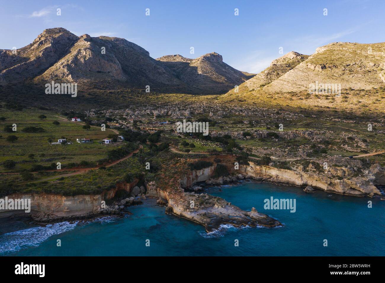 Geopark of Agios Nikolaos and Fossil Forest area. Aerial view of ...