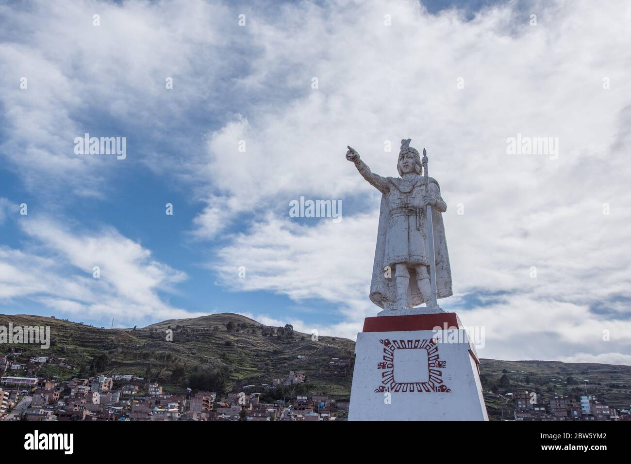 A statue of Manco Capac in Huajsapata Park overlooking the city of Puno ...