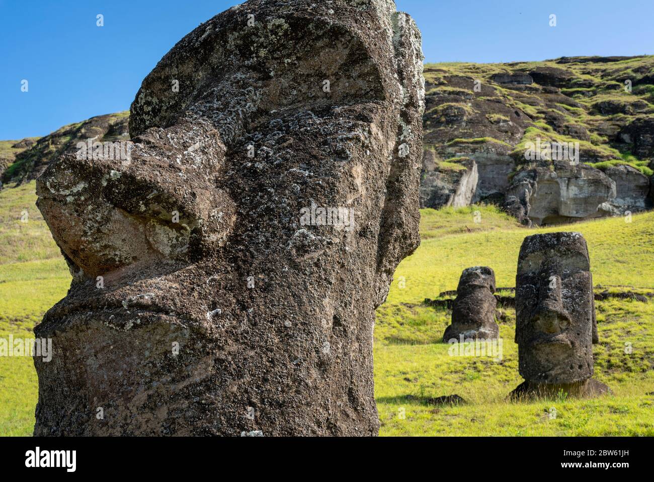 Incomplete standing moai at Rano Raraku quarry on Easter Island, Chile ...