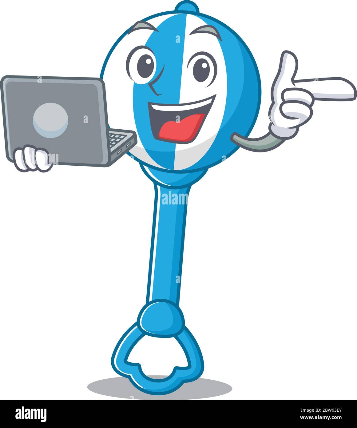 Smart cartoon character of rattle toy studying at home with a laptop ...