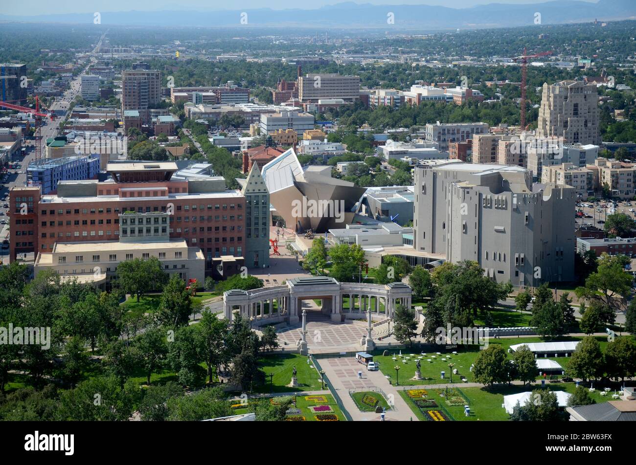 Aerial view of Denver Colorado skyline looking South at Civic Center ...