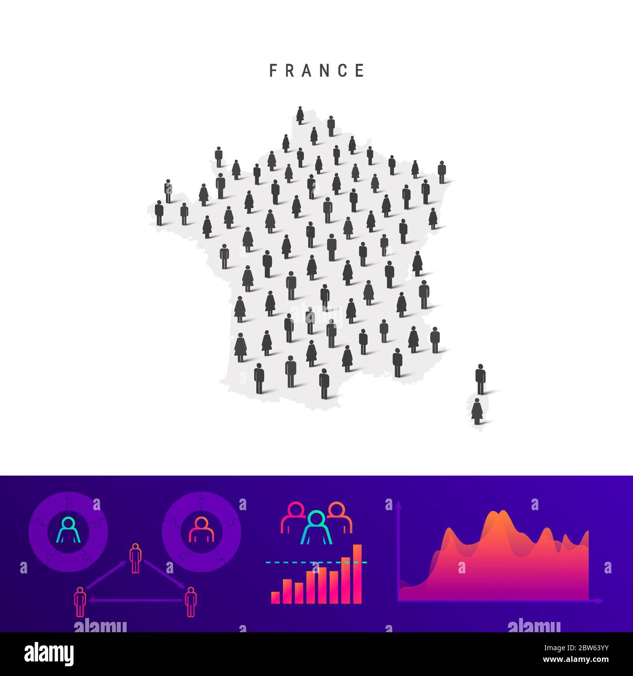 French people icon map. Detailed vector silhouette. Mixed crowd of men ...