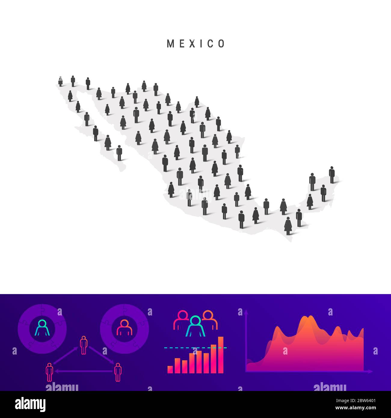 Mexican people icon map. Detailed vector silhouette. Mixed crowd of men ...