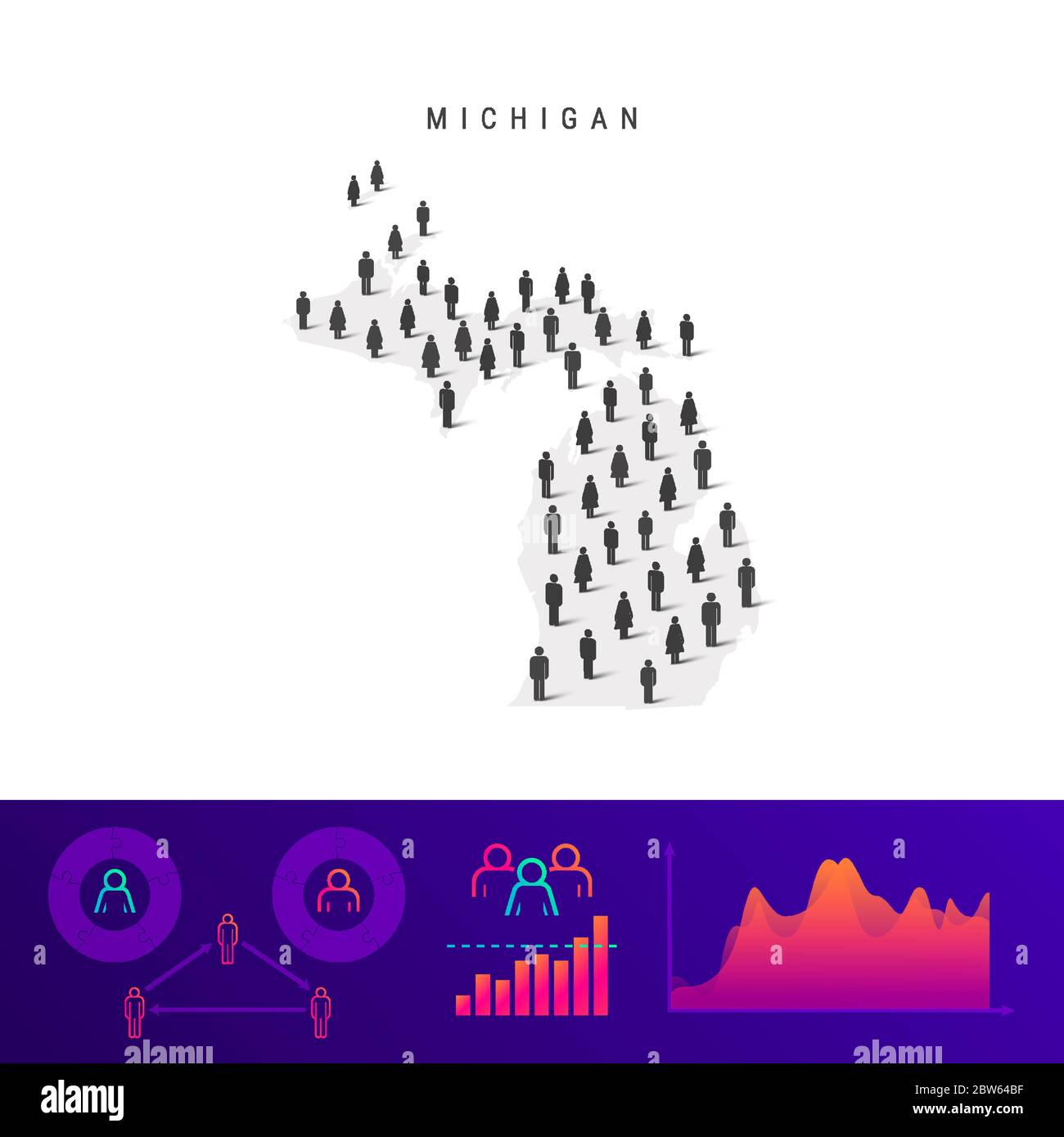 Michigan people map. Detailed vector silhouette. Mixed crowd of men and ...