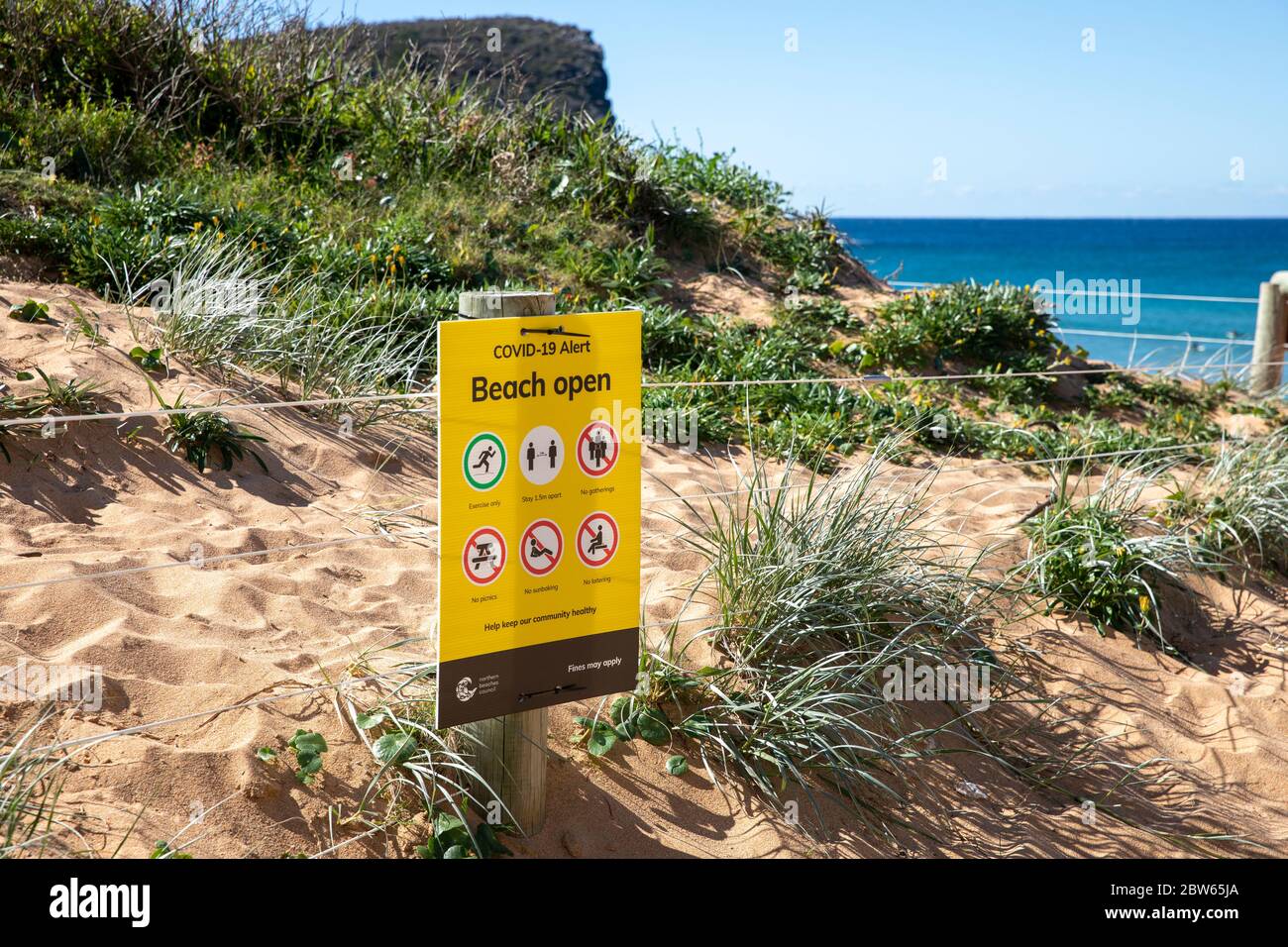 Coronavirus Covid 19 sign at Sydney beach, beach is open ,maintain ...