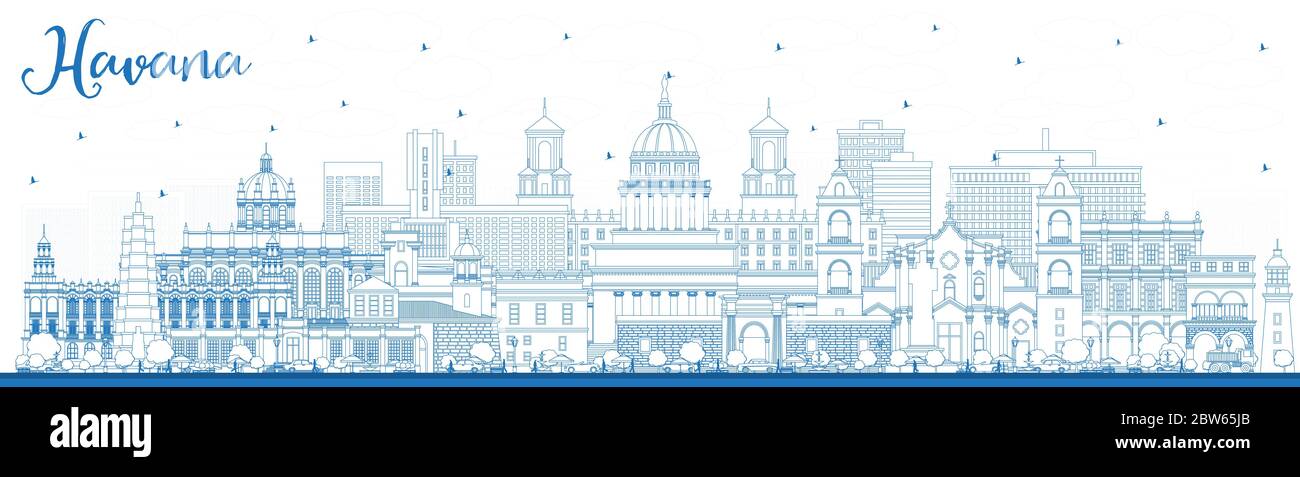 Outline Havana Cuba City Skyline with Blue Buildings. Vector ...
