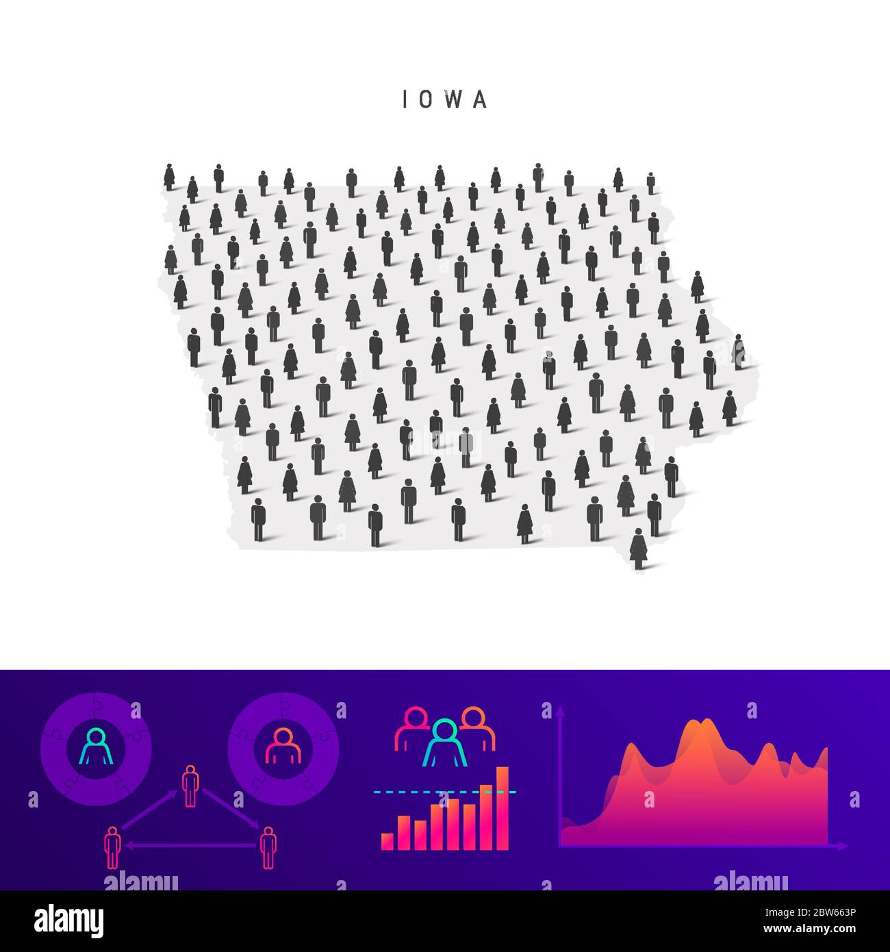 Iowa people map. Detailed vector silhouette. Mixed crowd of men and ...
