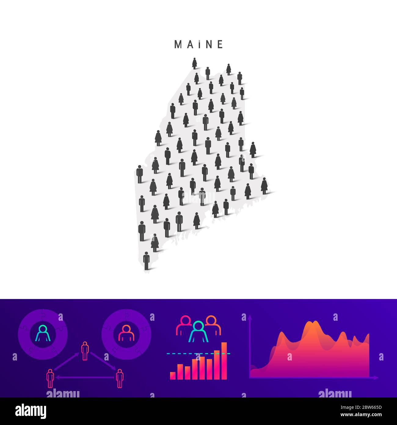 Maine people map. Detailed vector silhouette. Mixed crowd of men and ...