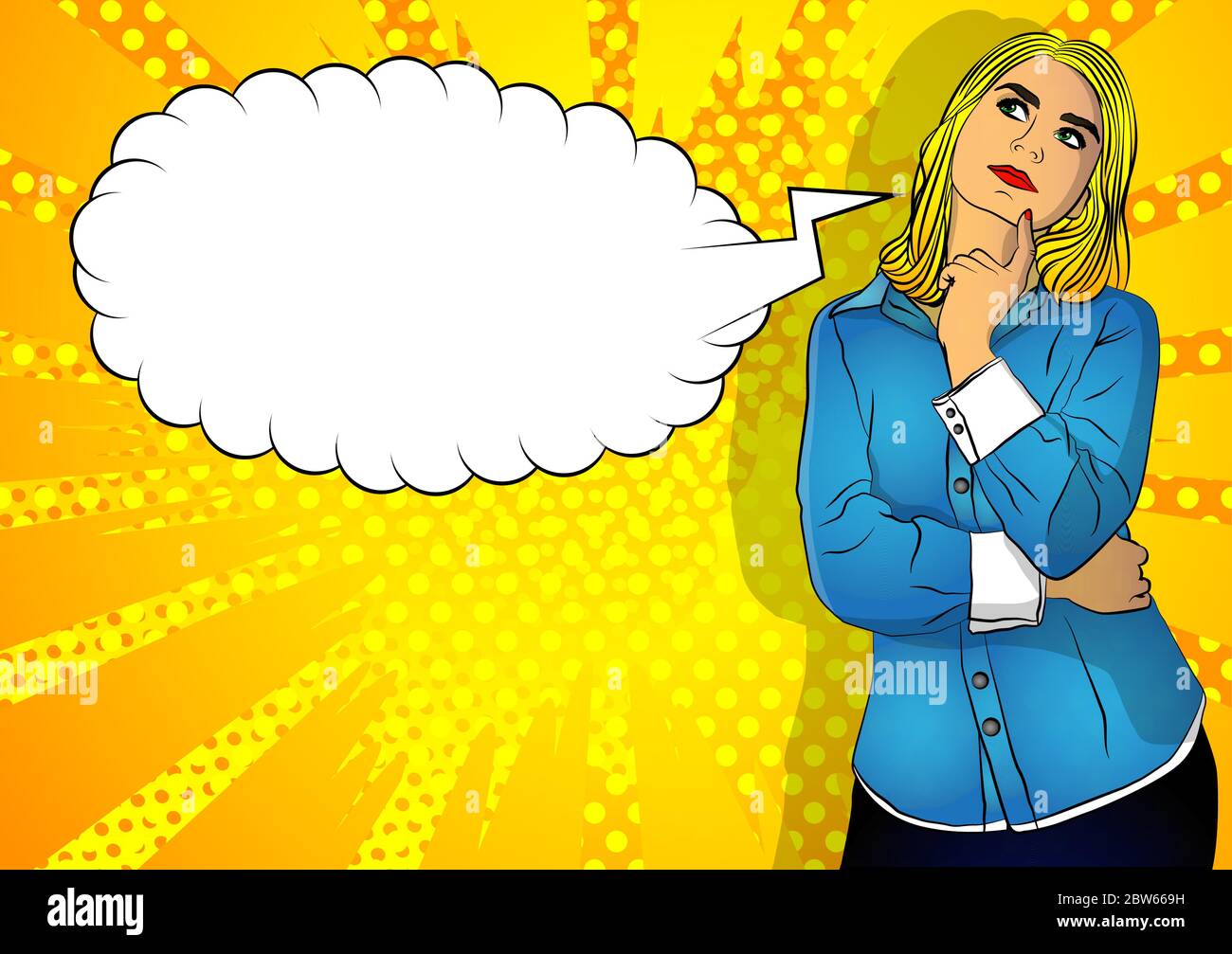 Portrait of happy young positive woman holding finger front of her jaw ...