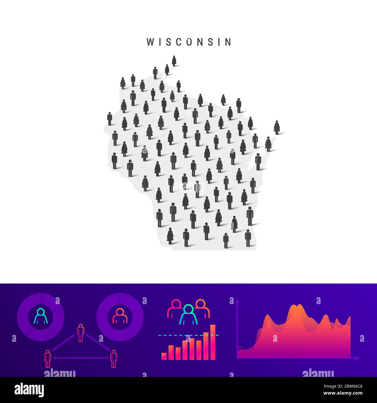 Wisconsin people map. Detailed vector silhouette. Mixed crowd of men ...