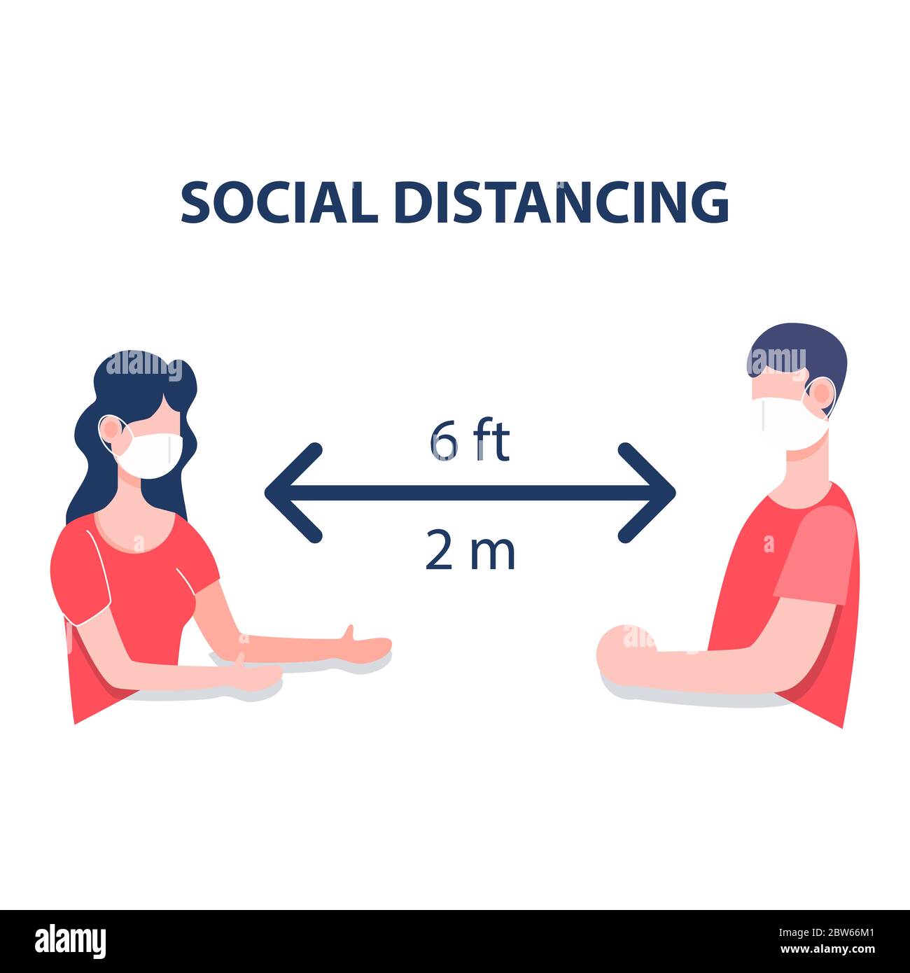 Two people man and woman wearing masks keep distance 2 m signage flat ...