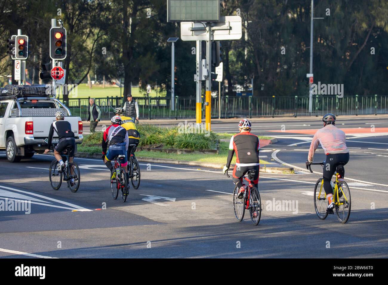 Cyclists on the roads of Sydney riding their road bicycles and cyclists ...