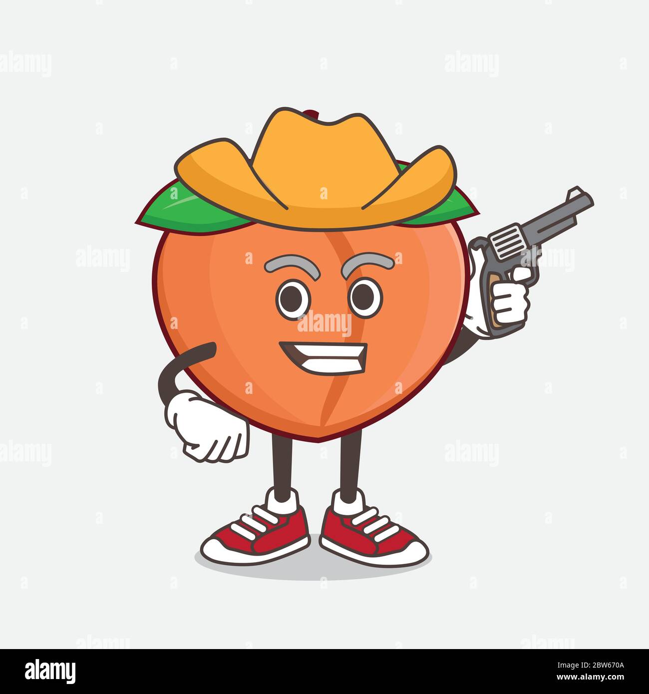 An illustration of Peach Fruit cartoon mascot character holding gun ...
