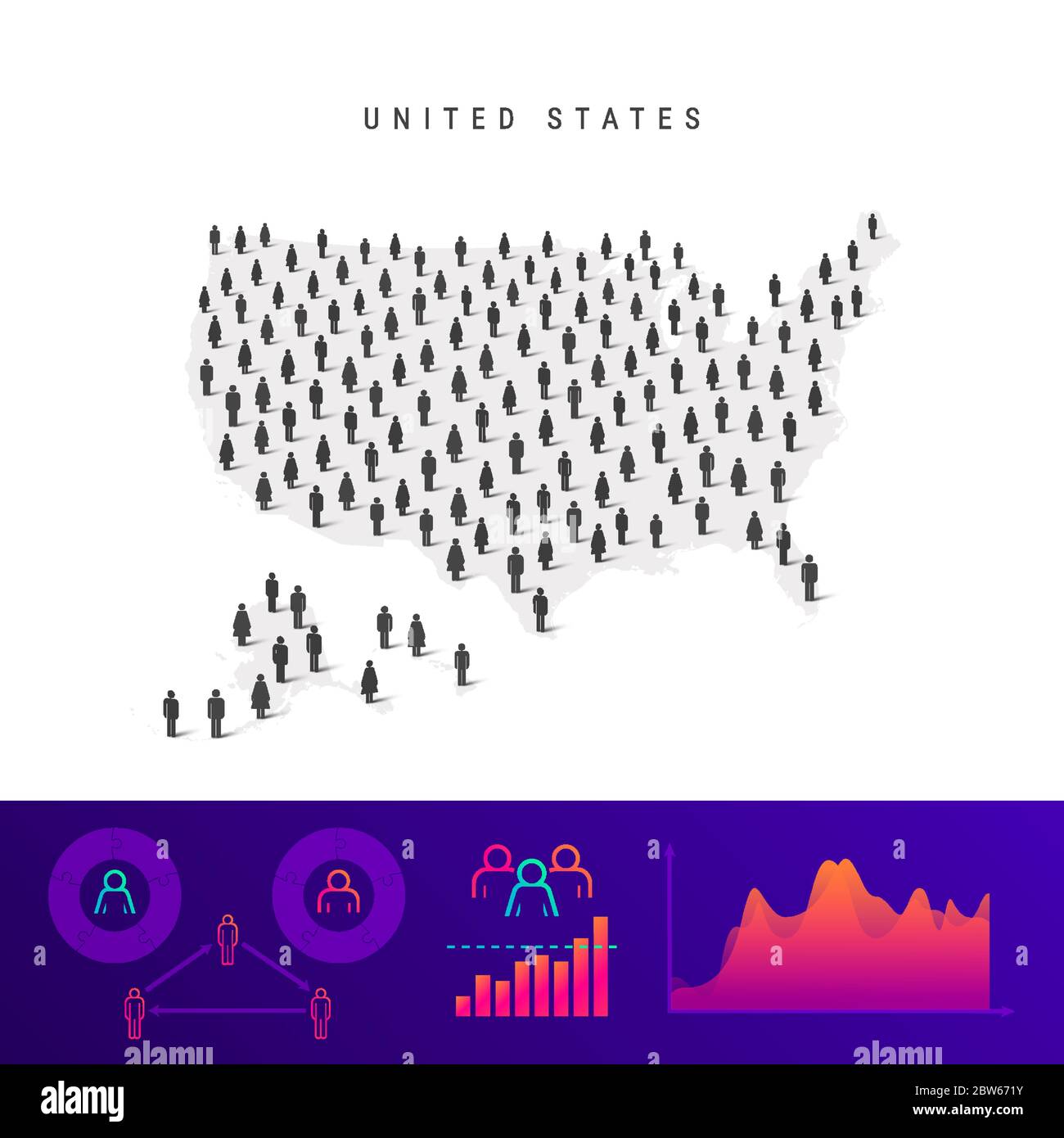 American people map. Detailed vector silhouette. Mixed crowd of men and ...