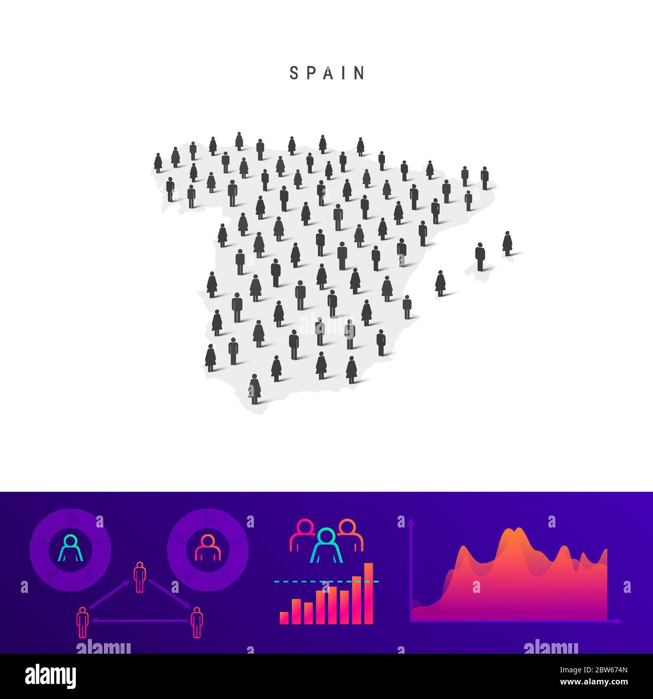 Spanish people icon map. Detailed vector silhouette. Mixed crowd of men ...